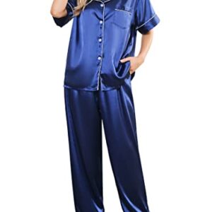 AUECK Women Silk Satin Pajamas Set Notch Collar Soft Sleepwear Pjs Short Sleeve Button Down Nightwear with Long Pants(Navy Bule,Large)