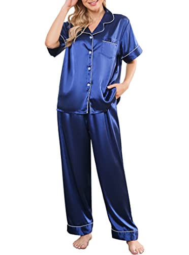 AUECK Women Silk Satin Pajamas Set Notch Collar Soft Sleepwear Pjs Short Sleeve Button Down Nightwear with Long Pants(Navy Bule,Large)