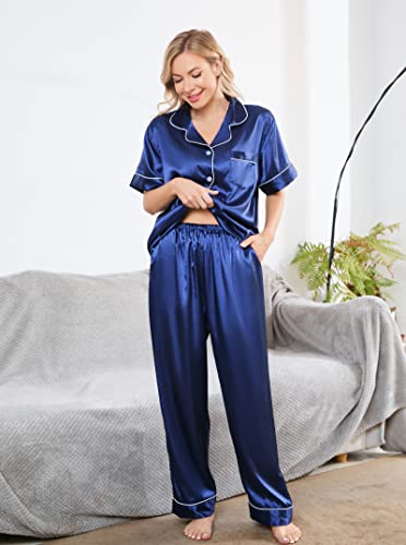 AUECK Women Silk Satin Pajamas Set Notch Collar Soft Sleepwear Pjs Short Sleeve Button Down Nightwear with Long Pants(Navy Bule,Large)