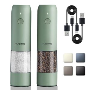 electric salt and pepper grinder set, usb rechargeable, automatic salt and pepper mill grinder with adjustable coarseness, electric salt shakers, led light, refillable, kitchen gadgets (2 packs, sage)