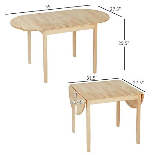 HOMCOM 55" Solid Wood Kitchen Table, Drop Leaf Tables for Small Spaces, Folding Dining Table, Natural