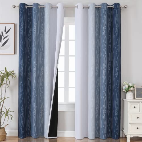 Estelar Textiler Navy Blue and Greyish White Blackout Curtains for Bedroom 84 Inches Long, Full Room Darkening Grommet Curtains for Living Room,Thermal Insulated Ombre Blackout Drapes,52Wx84L,2 Panels