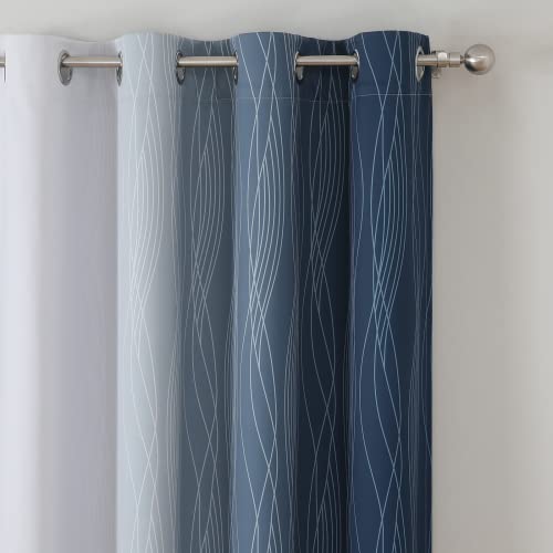 Estelar Textiler Navy Blue and Greyish White Blackout Curtains for Bedroom 84 Inches Long, Full Room Darkening Grommet Curtains for Living Room,Thermal Insulated Ombre Blackout Drapes,52Wx84L,2 Panels