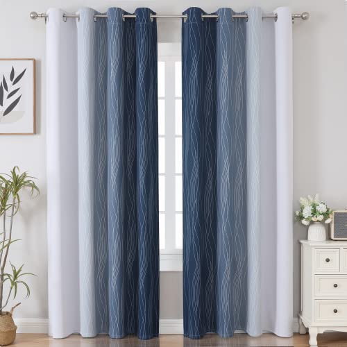 Estelar Textiler Navy Blue and Greyish White Blackout Curtains for Bedroom 84 Inches Long, Full Room Darkening Grommet Curtains for Living Room,Thermal Insulated Ombre Blackout Drapes,52Wx84L,2 Panels