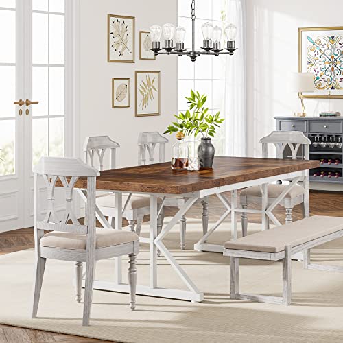 Tribesigns Farmhouse Dining Table for 6 People, 70.8-Inch Rectangular Wood Dining Table, Rustic Kitchen Table with Heavy Duty Metal Legs for Dining Room (Brown/White)