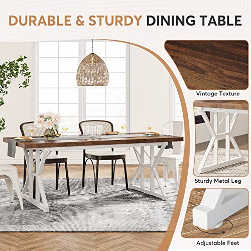 Tribesigns Farmhouse Dining Table for 6 People, 70.8-Inch Rectangular Wood Dining Table, Rustic Kitchen Table with Heavy Duty Metal Legs for Dining Room (Brown/White)