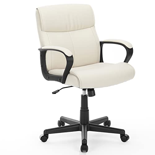 OLIXIS Mid-Back Office Chair with Armrests, Adjustable Height, 360-Degree Swivel Lumbar Support, PU Leather, Cream