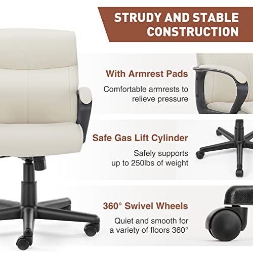 OLIXIS Mid-Back Office Chair with Armrests, Adjustable Height, 360-Degree Swivel Lumbar Support, PU Leather, Cream