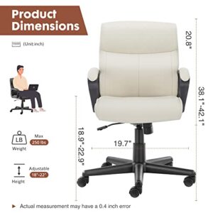 OLIXIS Mid-Back Office Chair with Armrests, Adjustable Height, 360-Degree Swivel Lumbar Support, PU Leather, Cream