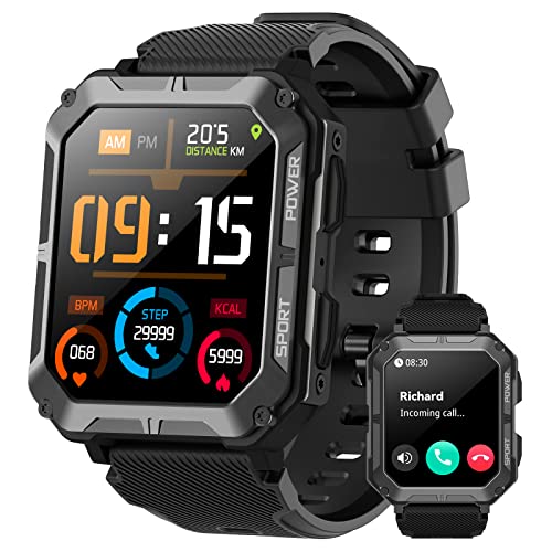 Military Smart Watch for Men with Bluetooth Call, 5ATM Waterproof Outdoor Fitness Tracker, 1.83" Rugged Tactical Watch with Heart Rate Blood Pressure Sleep Monitor for Android iPhone, Black