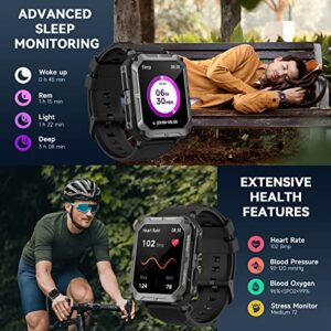 Military Smart Watch for Men with Bluetooth Call, 5ATM Waterproof Outdoor Fitness Tracker, 1.83" Rugged Tactical Watch with Heart Rate Blood Pressure Sleep Monitor for Android iPhone, Black