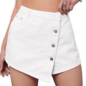 SweatyRocks Women's Casual High Rise Button Front Wrap Denim Skort Skirt with Pocket White 30