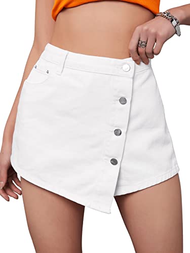 SweatyRocks Women's Casual High Rise Button Front Wrap Denim Skort Skirt with Pocket White 30