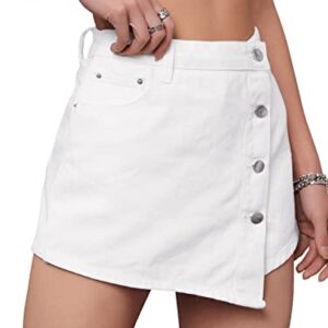 SweatyRocks Women's Casual High Rise Button Front Wrap Denim Skort Skirt with Pocket White 30