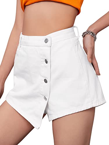 SweatyRocks Women's Casual High Rise Button Front Wrap Denim Skort Skirt with Pocket White 30