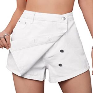 SweatyRocks Women's Casual High Rise Button Front Wrap Denim Skort Skirt with Pocket White 30