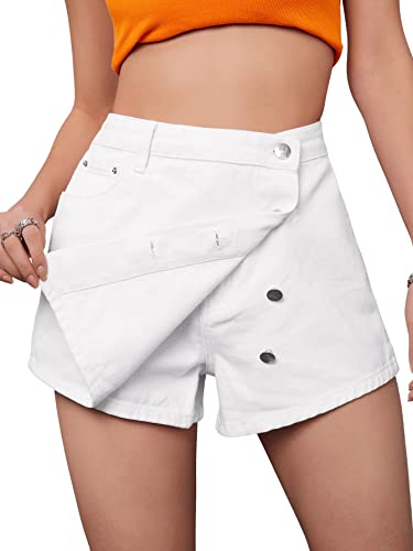 SweatyRocks Women's Casual High Rise Button Front Wrap Denim Skort Skirt with Pocket White 30