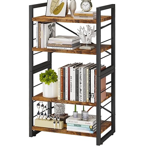 Homeiju Bookshelf, 4 Tier Stackable Bookcase, Adjustable Industrial Book Shelf Storage Organizer for Desktop, Living Room, Bedroom, Office(Rustic Black and Brown)