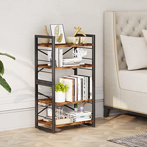 Homeiju Bookshelf, 4 Tier Stackable Bookcase, Adjustable Industrial Book Shelf Storage Organizer for Desktop, Living Room, Bedroom, Office(Rustic Black and Brown)