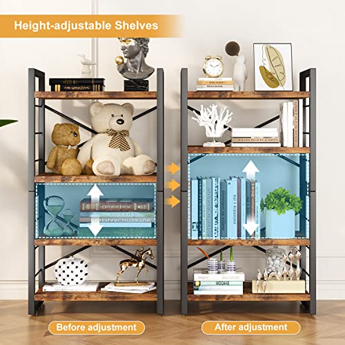 Homeiju Bookshelf, 4 Tier Stackable Bookcase, Adjustable Industrial Book Shelf Storage Organizer for Desktop, Living Room, Bedroom, Office(Rustic Black and Brown)