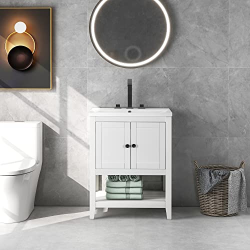 Lifeand, Integrated Combo with White Built-in Ceramic Top & Modern Base Cabinet Bathroom, 24" Vanities with Sink