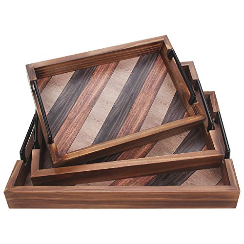 Wood Serving Tray with Handles, Butizone Rustic Nesting Serving Trays for Eating, Breakfast, Party, Kitchen, Tea Coffee Table, Ottoman and Home Decor, Decorative Serving Trays, Set of 3