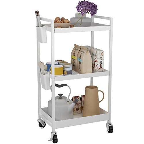 STEEHOOM 3 Tier Utility Rolling Cart, Metal Rolling Storage Cart with Locking Wheels Kitchen Cart with 2 Small Hanging Cups for Bathroom, Office, Balcony, Library, Living Room (White)