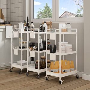 STEEHOOM 3 Tier Utility Rolling Cart, Metal Rolling Storage Cart with Locking Wheels Kitchen Cart with 2 Small Hanging Cups for Bathroom, Office, Balcony, Library, Living Room (White)