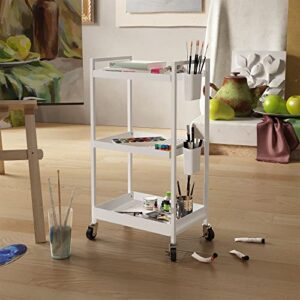 STEEHOOM 3 Tier Utility Rolling Cart, Metal Rolling Storage Cart with Locking Wheels Kitchen Cart with 2 Small Hanging Cups for Bathroom, Office, Balcony, Library, Living Room (White)