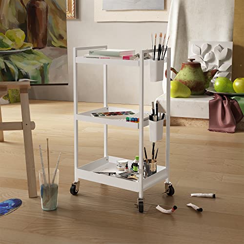 STEEHOOM 3 Tier Utility Rolling Cart, Metal Rolling Storage Cart with Locking Wheels Kitchen Cart with 2 Small Hanging Cups for Bathroom, Office, Balcony, Library, Living Room (White)