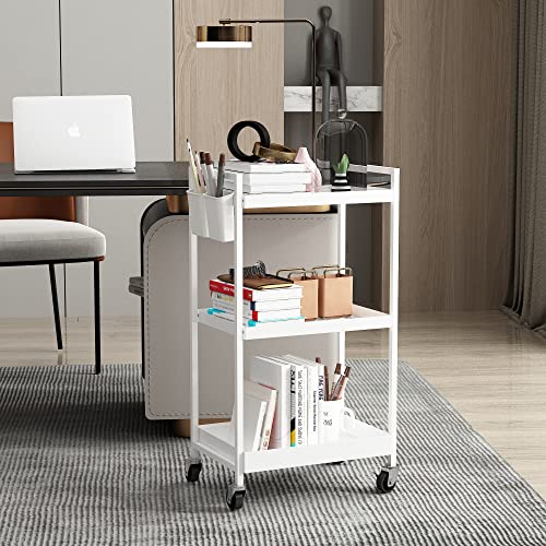 STEEHOOM 3 Tier Utility Rolling Cart, Metal Rolling Storage Cart with Locking Wheels Kitchen Cart with 2 Small Hanging Cups for Bathroom, Office, Balcony, Library, Living Room (White)