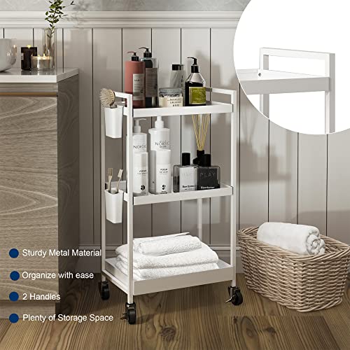 STEEHOOM 3 Tier Utility Rolling Cart, Metal Rolling Storage Cart with Locking Wheels Kitchen Cart with 2 Small Hanging Cups for Bathroom, Office, Balcony, Library, Living Room (White)