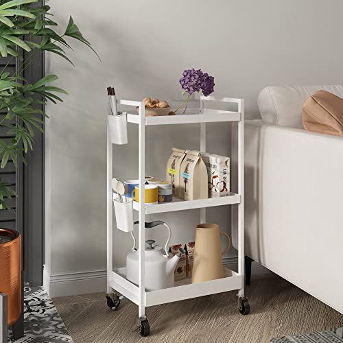 STEEHOOM 3 Tier Utility Rolling Cart, Metal Rolling Storage Cart with Locking Wheels Kitchen Cart with 2 Small Hanging Cups for Bathroom, Office, Balcony, Library, Living Room (White)