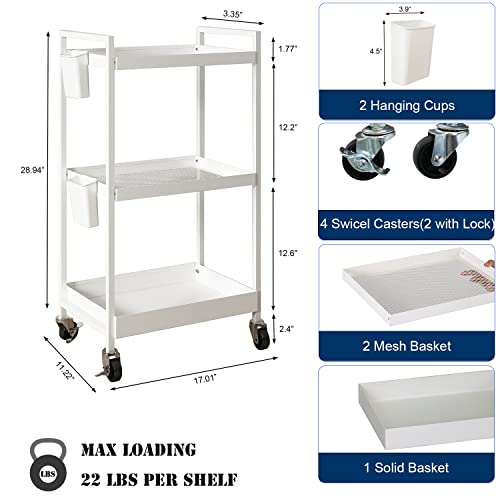 STEEHOOM 3 Tier Utility Rolling Cart, Metal Rolling Storage Cart with Locking Wheels Kitchen Cart with 2 Small Hanging Cups for Bathroom, Office, Balcony, Library, Living Room (White)