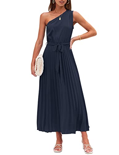 MEROKEETY Womens Sleeveless One Shoulder Pleated Belted Elastic High Waist Formal Midi Maxi Dress,Navy,M