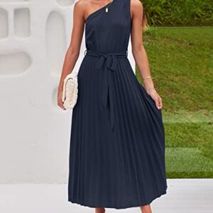 MEROKEETY Womens Sleeveless One Shoulder Pleated Belted Elastic High Waist Formal Midi Maxi Dress,Navy,M