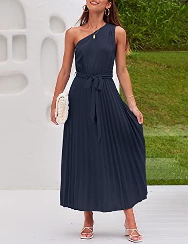 MEROKEETY Womens Sleeveless One Shoulder Pleated Belted Elastic High Waist Formal Midi Maxi Dress,Navy,M