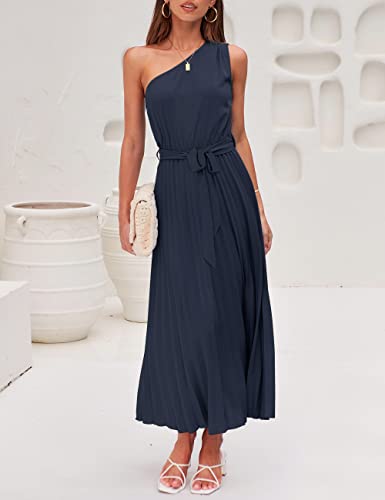 MEROKEETY Womens Sleeveless One Shoulder Pleated Belted Elastic High Waist Formal Midi Maxi Dress,Navy,M