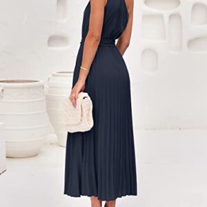 MEROKEETY Womens Sleeveless One Shoulder Pleated Belted Elastic High Waist Formal Midi Maxi Dress,Navy,M