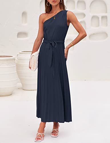 MEROKEETY Womens Sleeveless One Shoulder Pleated Belted Elastic High Waist Formal Midi Maxi Dress,Navy,M