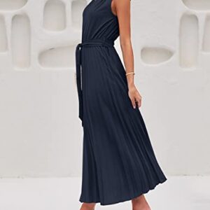 MEROKEETY Womens Sleeveless One Shoulder Pleated Belted Elastic High Waist Formal Midi Maxi Dress,Navy,M