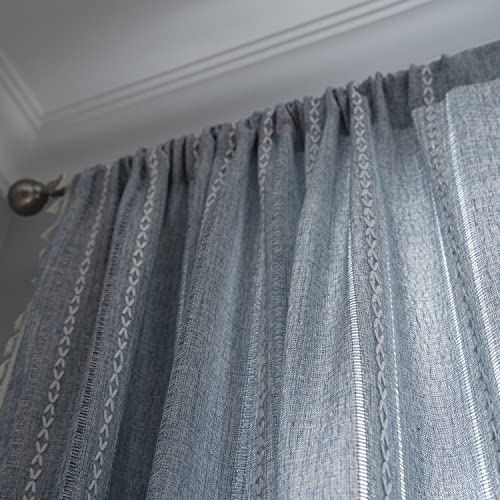 ColorBird Boho Linen Curtains for Bedroom, 84 inch Blue Striped Room Darkening Curtains & Drapes, 2 Panels Embroidered Window Curtain Panels for Dining Living Room Nursery Doorways