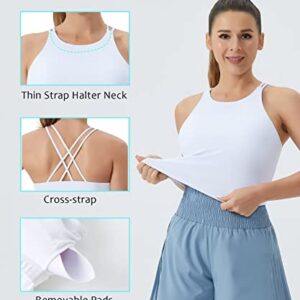 THE GYM PEOPLE Women's Cross Back Sports Bra Halter Neck Workout Crop Tank Tops with Removable Pads White