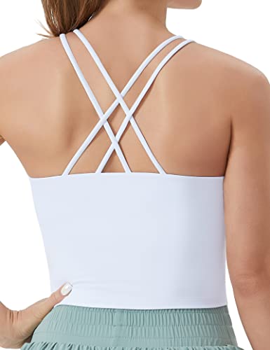 THE GYM PEOPLE Women's Cross Back Sports Bra Halter Neck Workout Crop Tank Tops with Removable Pads White