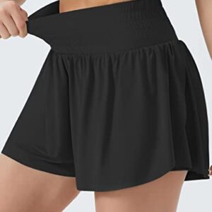 THE GYM PEOPLE Women's High Waisted Flowy Running Shorts Butterfly 2 in 1 Athletic Workout Skirt Shorts Black