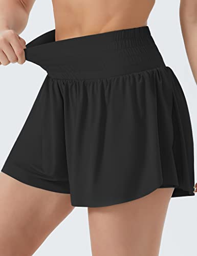 THE GYM PEOPLE Women's High Waisted Flowy Running Shorts Butterfly 2 in 1 Athletic Workout Skirt Shorts Black