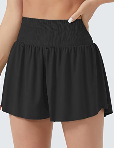 THE GYM PEOPLE Women's High Waisted Flowy Running Shorts Butterfly 2 in 1 Athletic Workout Skirt Shorts Black