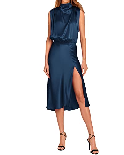 PRETTYGARDEN Women Summer Formal Mock Neck Sleeveless Satin Dress Elastic Waist Slit Midi Wedding Guest Dresses 2023(Solid Dark Blue,Large)