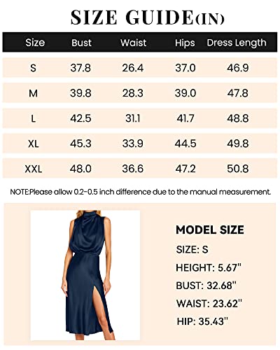 PRETTYGARDEN Women Summer Formal Mock Neck Sleeveless Satin Dress Elastic Waist Slit Midi Wedding Guest Dresses 2023(Solid Dark Blue,Large)