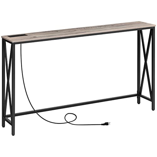 MAHANCRIS Narrow Sofa Table, Farmhouse Sofa Couch Table with Charging Station, Sturdy and Durable, for Entryway, Living Room, Foyer, Greige CTHG8301Z